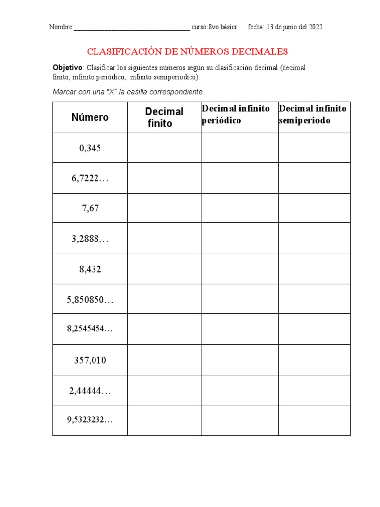 Clasificacion de Numeros Decimales | PDF
