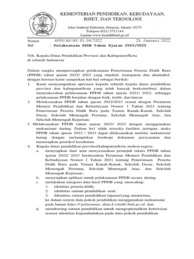 Surat Edaran Kemendikbudristek PPDB Tahun Ajaran 2022-2023 | PDF