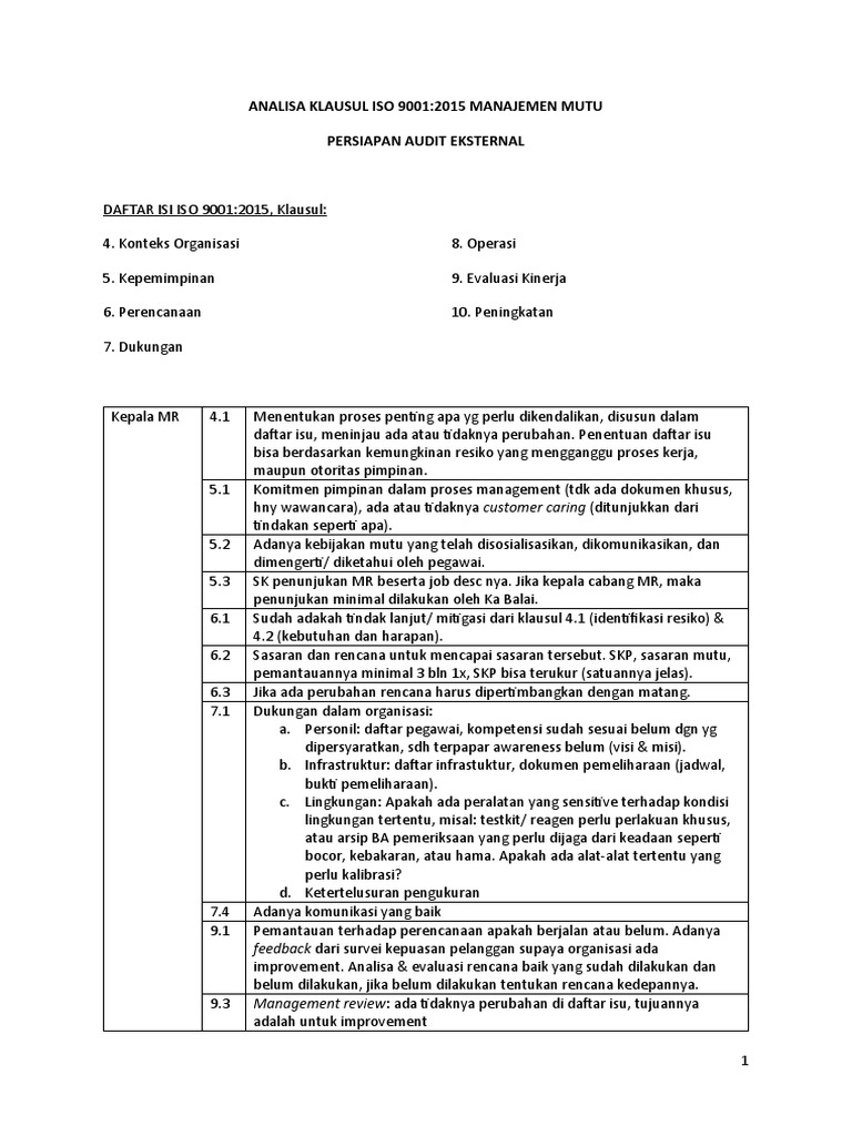 Analisa Klausul ISO 9001 - 2015 | PDF