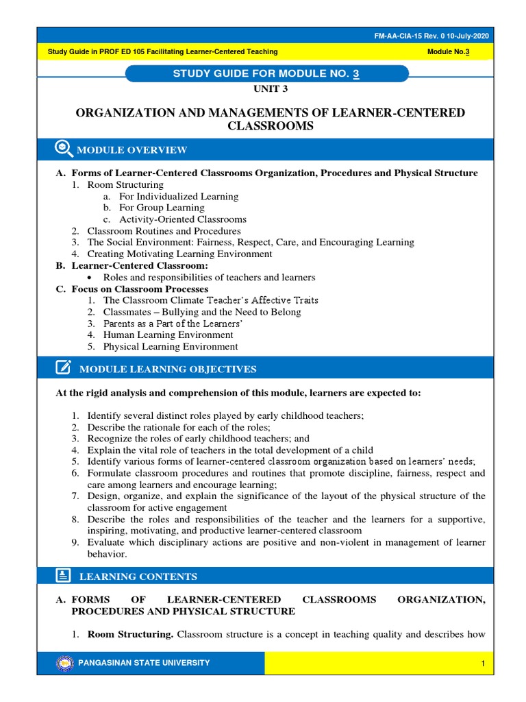 Organization and Managements of Learner-Centered Classrooms: Study Guide For Module No. 3 | PDF ...