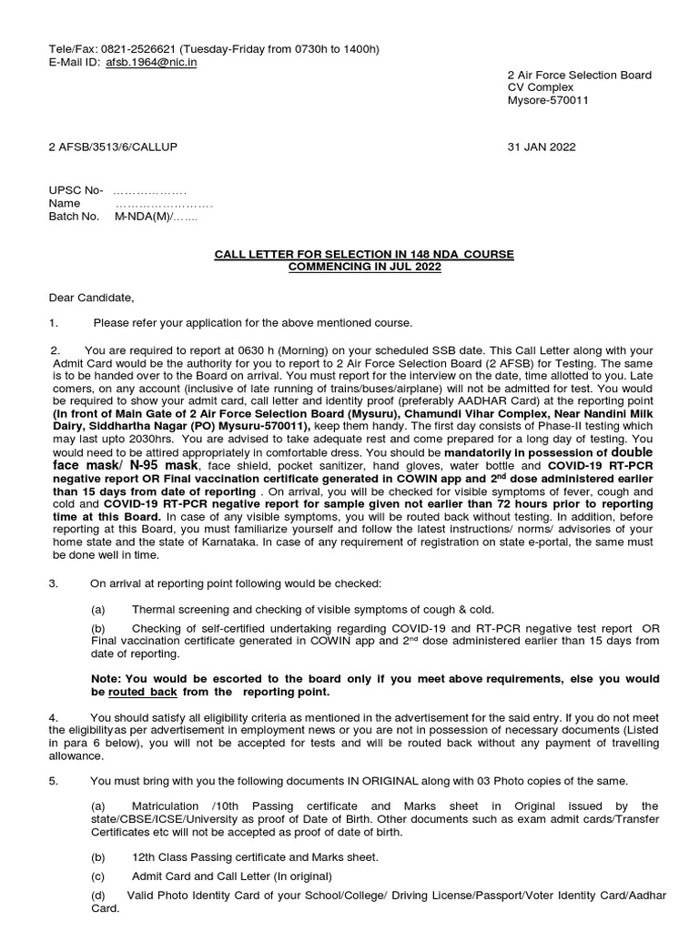 Call Up Letter 2 Afsb Mysure For Nda 148 Course | PDF | Identity ...