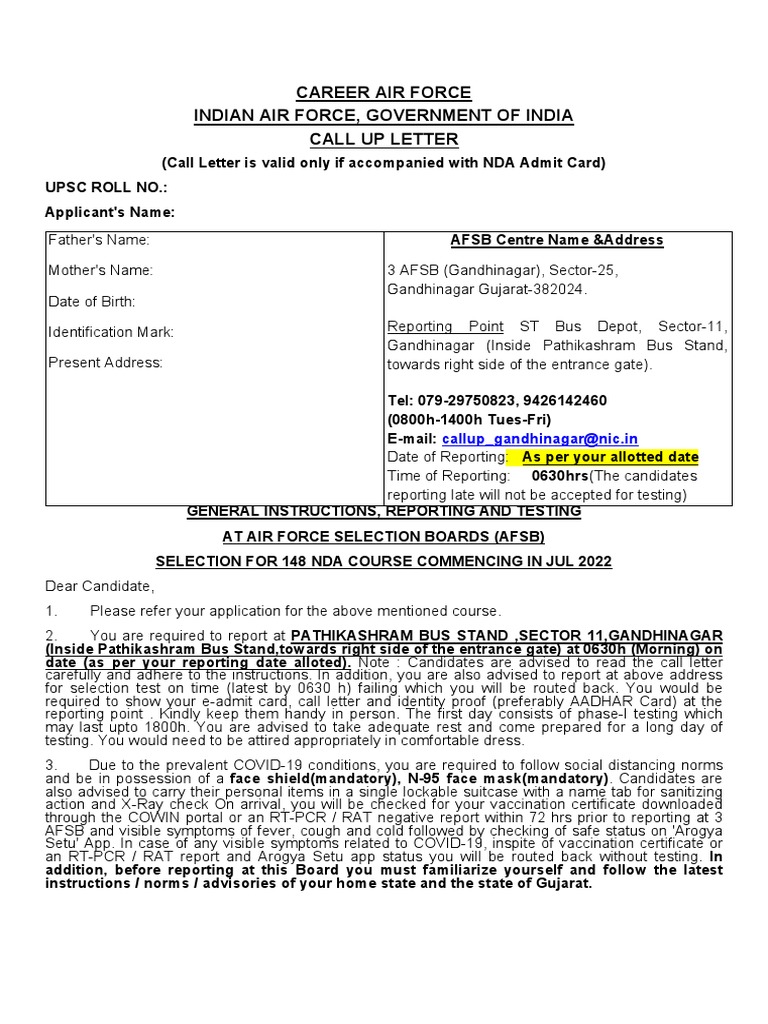 Call Up Letter 3 Afsb Gandhinagar For Nda 148 Course | PDF | Identity ...
