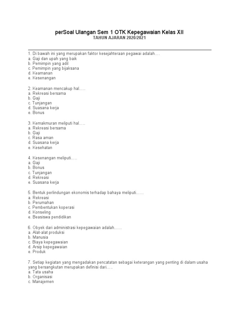 Soal Ulangan Sem 1 OTK Kepegawaian Kelas XII | PDF