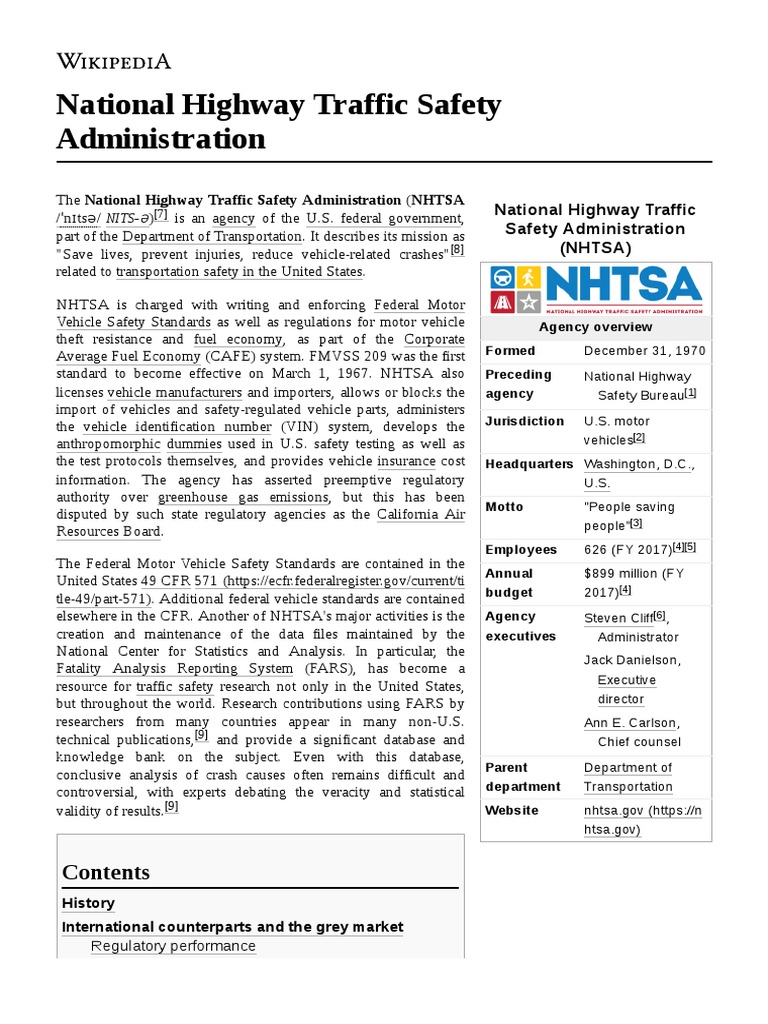 National Highway Traffic Safety Administration (Nhtsa) | PDF | National ...