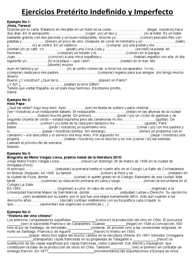 Ejercicios Pretérito Indefinido | PDF | Vino | Chile