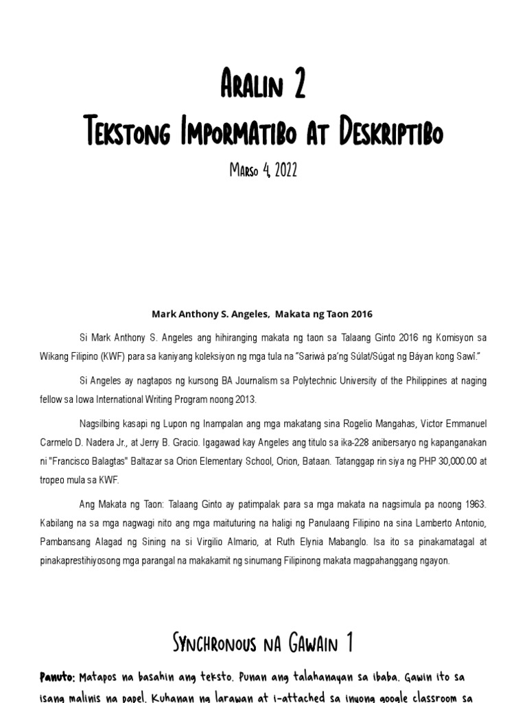 Aralin 2 - Tekstong Impormatibo at Deskriptibo | PDF