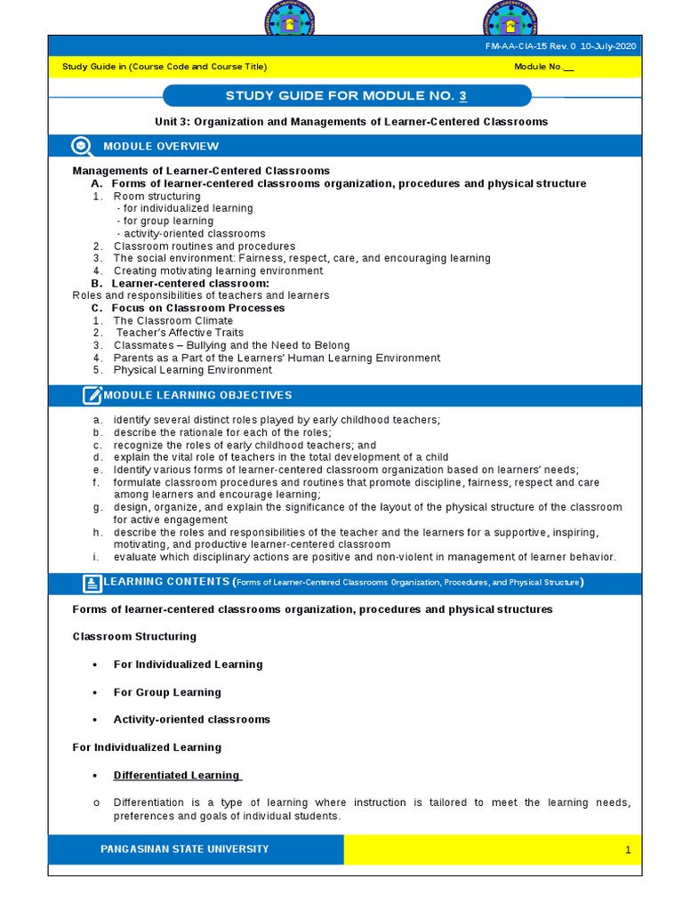 Module 3 Organization and Managements of Learner Centered Classrooms ...