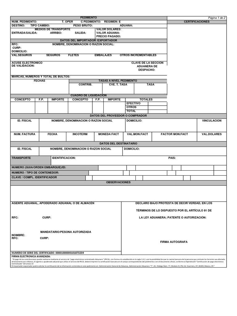 Formato Pedimento Exportacion | PDF | aduana | Business