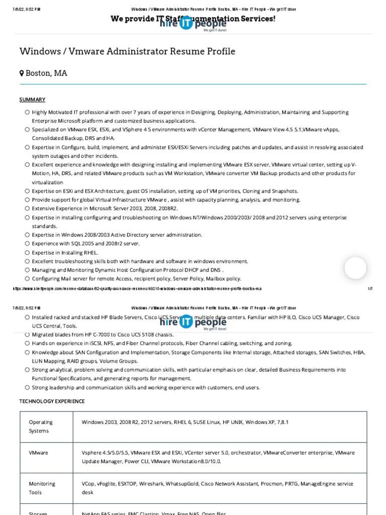 Windows - VMware Administrator Resume Profile Boston, MA - Hire IT ...