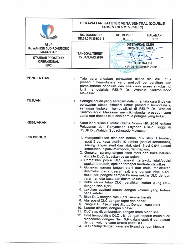 SPO Perawatan Kateter Vena Sentral (Double Lumen Catheter DLC) 05122016 | PDF