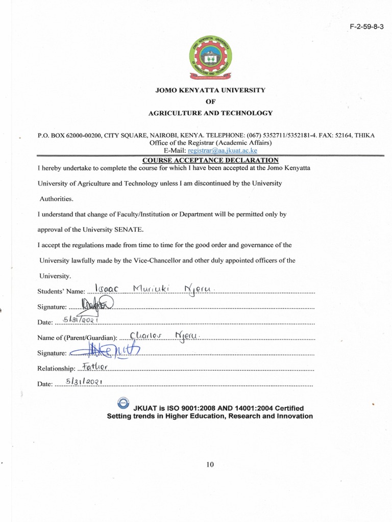Jkuat Course Acceptance Declaration | PDF