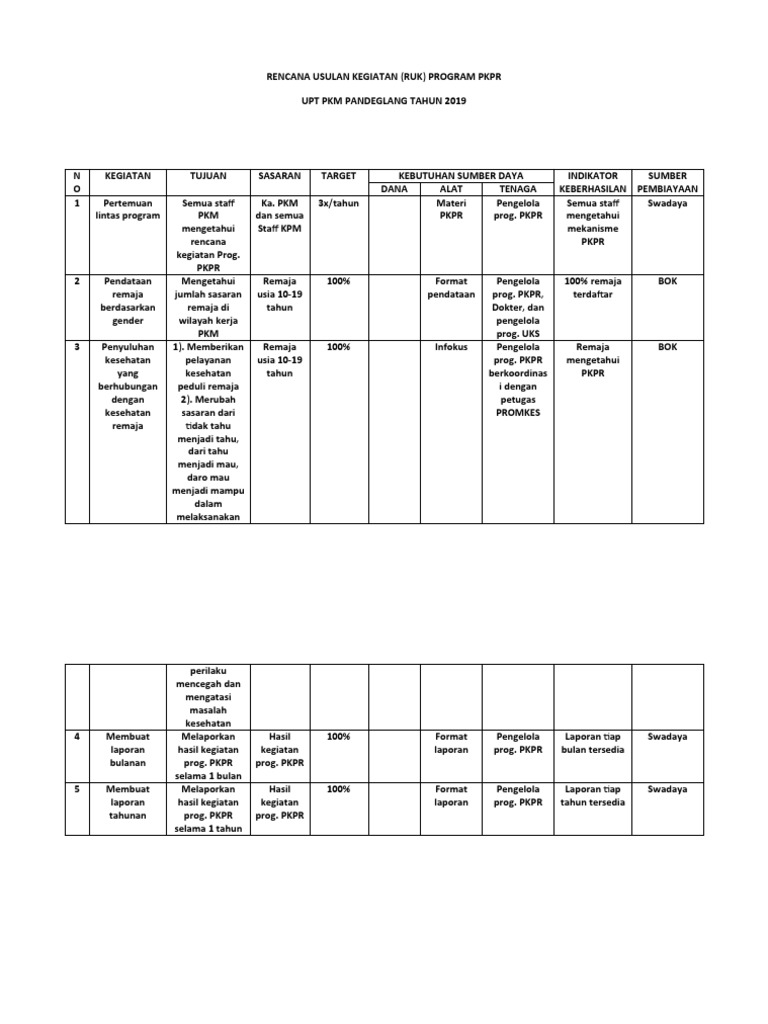 Rencana Usulan Kegiatan PKPR | PDF