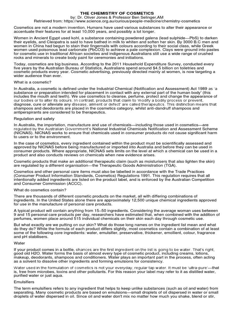 The Chemistry of Cosmetics - Article Analysis | PDF | Sunscreen | Cosmetics