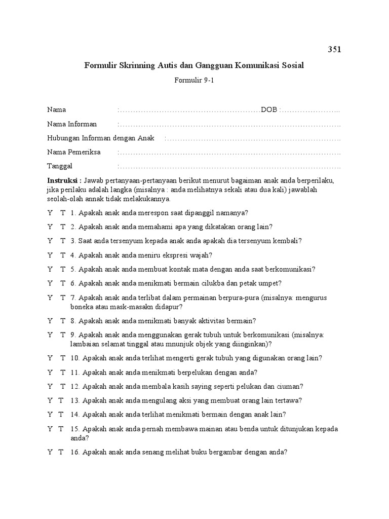 Materi Asd Form Penilaian Untuk Asd Dan Gangguan Komunikasi Sosial | PDF