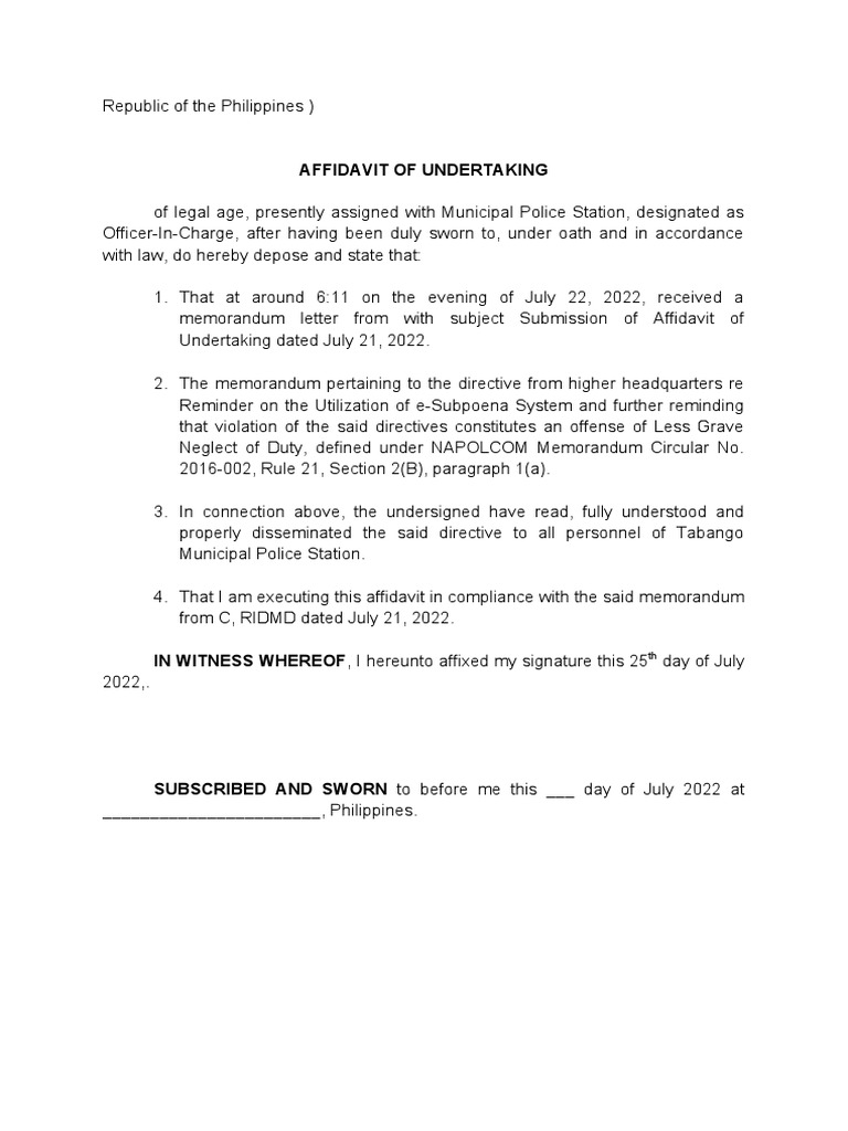 Affidavit of Undertaking for Police Compliance | PDF | Finance & Money ...