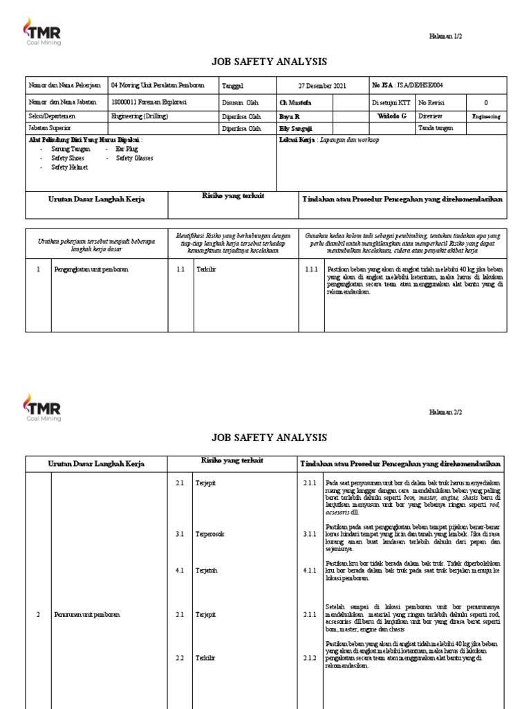 JSA Moving Peralatan Bor | PDF