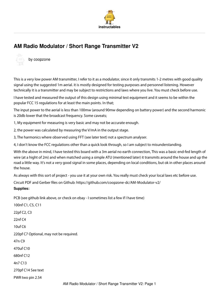 AM Radio Modulator: Short Range Transmitter | PDF | Antenna (Radio) | Radio