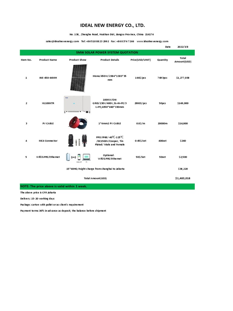 5MW Solar System Quotation | PDF | Physical Quantities | Solar Energy
