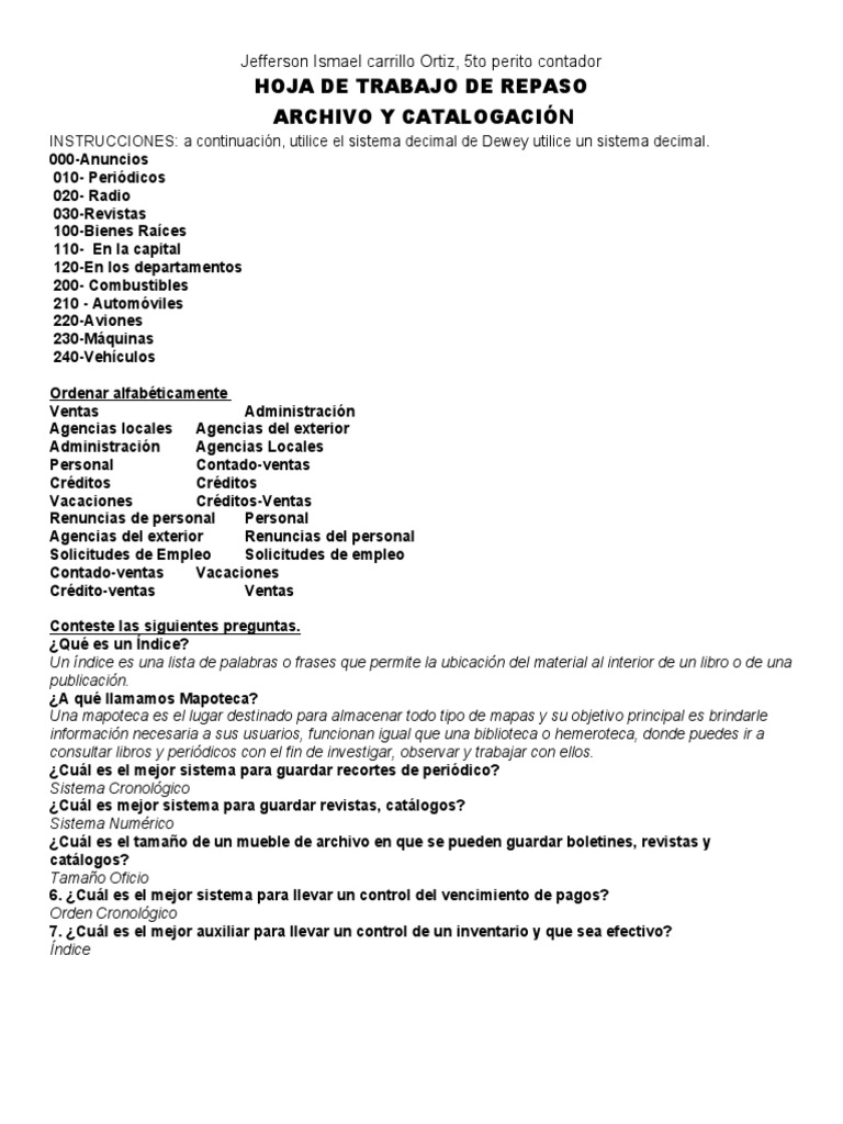 Hoja De Trabajo De Orden Numérico