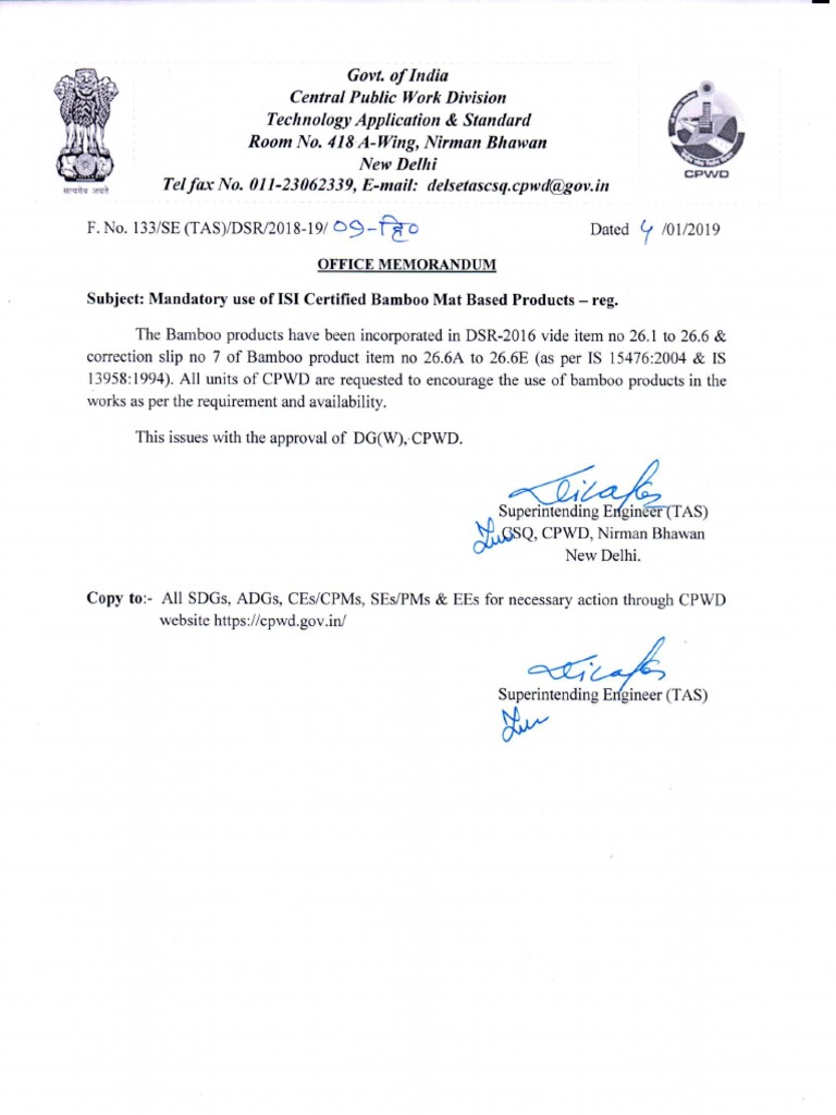 CPWD - Circular (OM) Dated 04.01.2019 Reg. The Mandatory Use of ISI ...