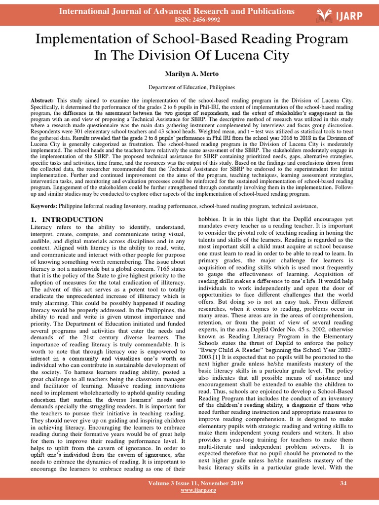 Implementation of School Based Reading Program in The Division of Lucena City | PDF | Reading ...