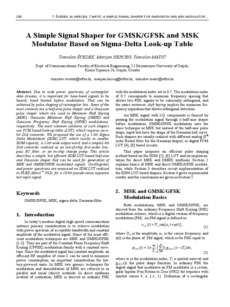 SignalShaper GMSK GFSK MSK LUT Svedek | PDF | Modulation | Frequency Modulation