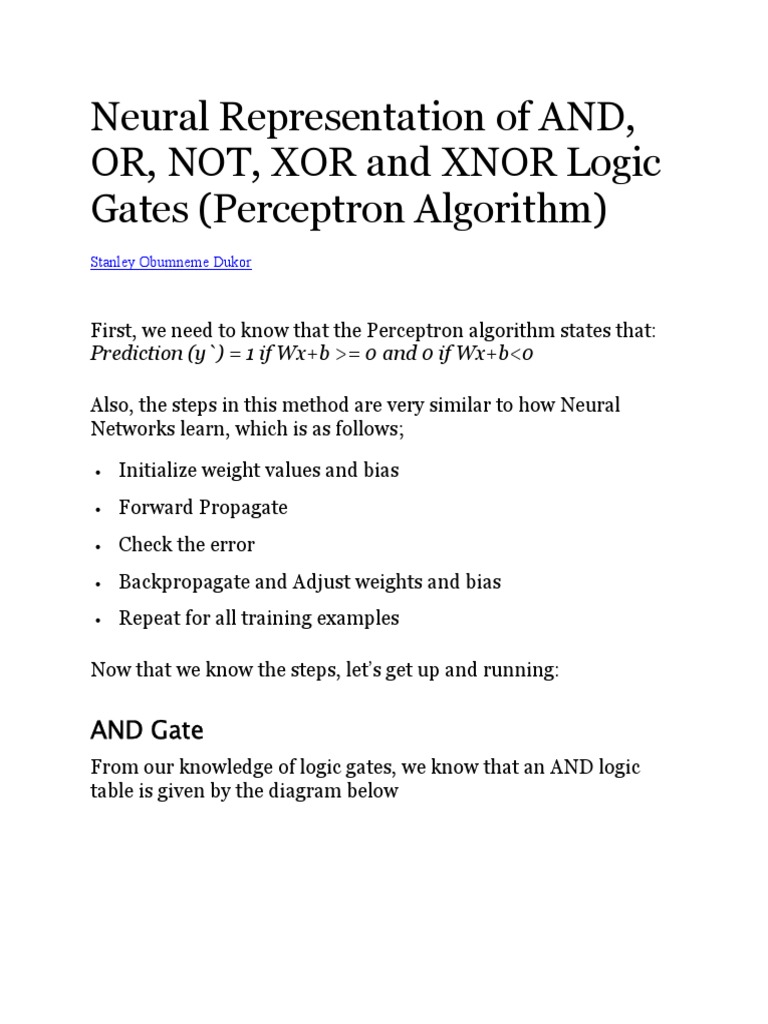 Neural Representation of AND, OR, NOT, XOR and XNOR Logic Gates ...