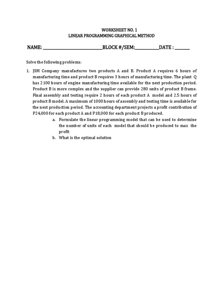 WORKSHEET NO.1 Linear Programming | PDF