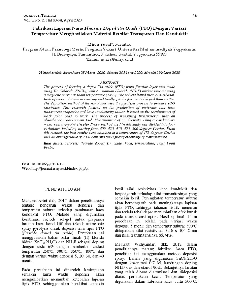 Fabrikasi Lapisan Nano Fluorine Doped Tin Oxide (FTO) Dengan Variasi Temperature Menghasilakan ...