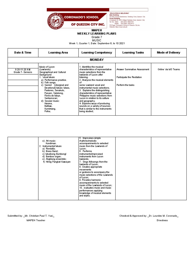 Mapeh Weekly Learning Plans: Grade 7 Music | PDF | Songs | Gregorian Chant