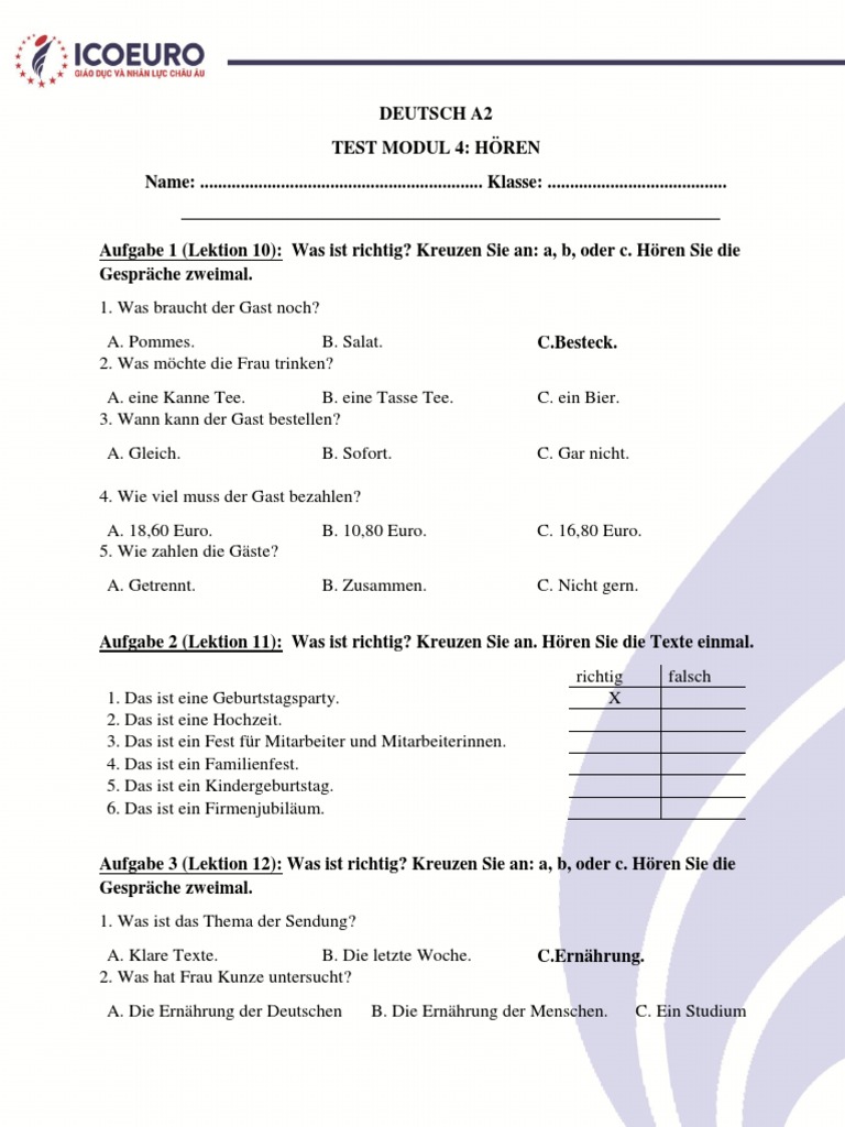 Deutsch A2 - Test Modul 4 | PDF