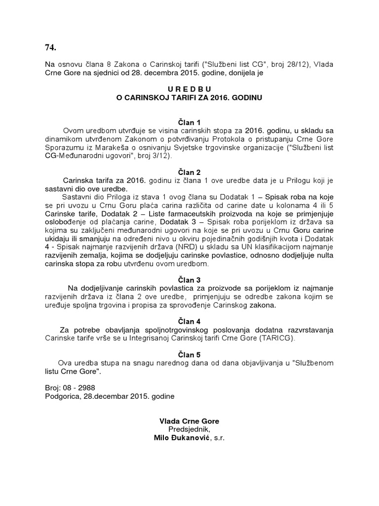 3.uredba o Carinskoj Tarifi Za 2016 (Sl. List CG Br. 4-2016) - CG | PDF