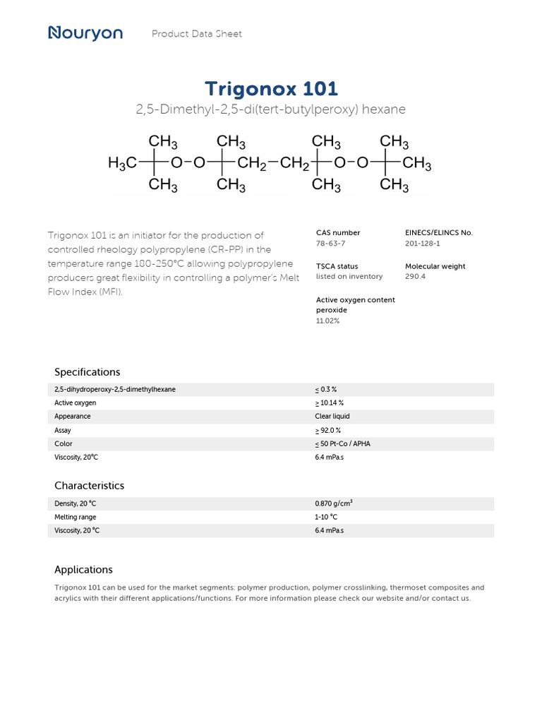 Trigonox 101: 2,5-Dimethyl-2,5-Di (Tert-Butylperoxy) Hexane | PDF ...