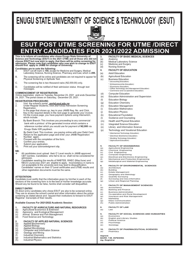 Post UTME ESUT SCREENING 2021 | PDF | Engineering | Medicine