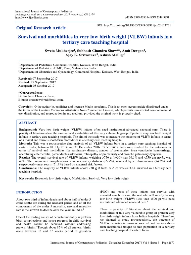 Survival and Morbidities in Very Low Birth Weight (VLBW) Infants in A ...