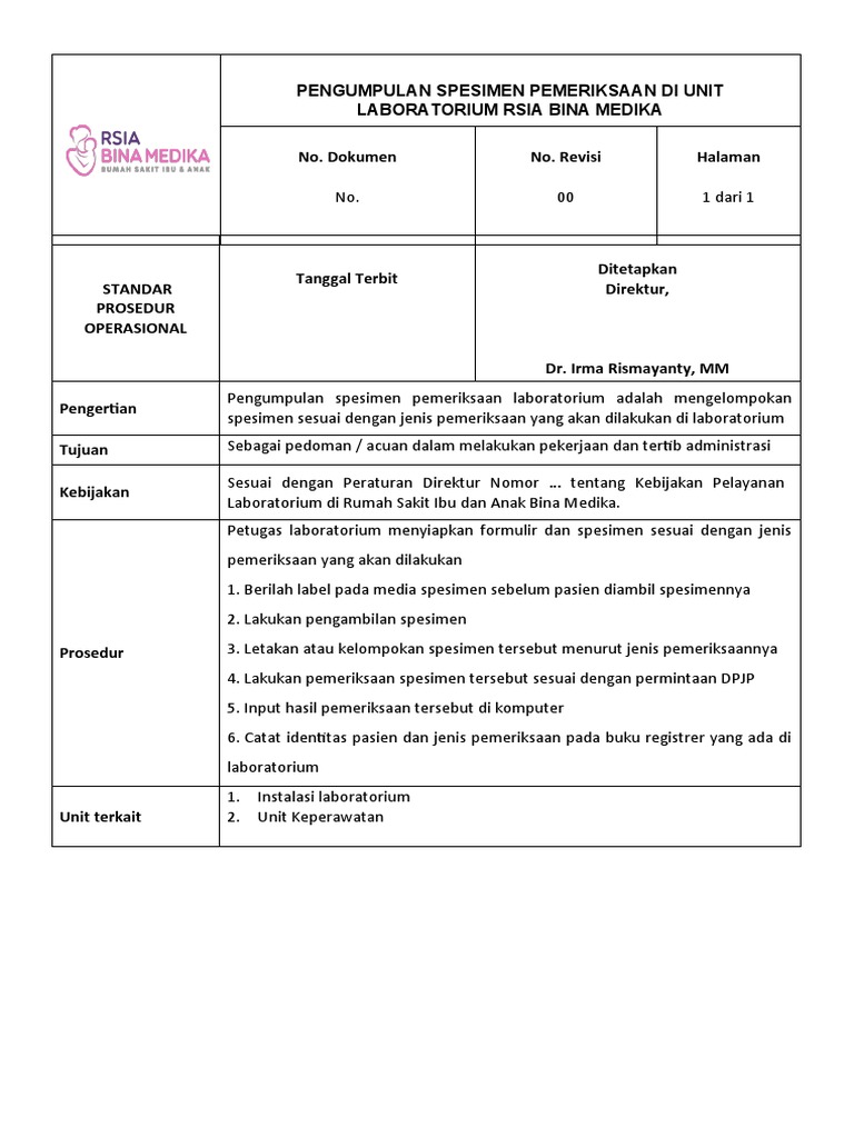 Spo Pengumpulan Spesimen Pemeriksaan Di Unit Laboratorium Rsia Bina ...
