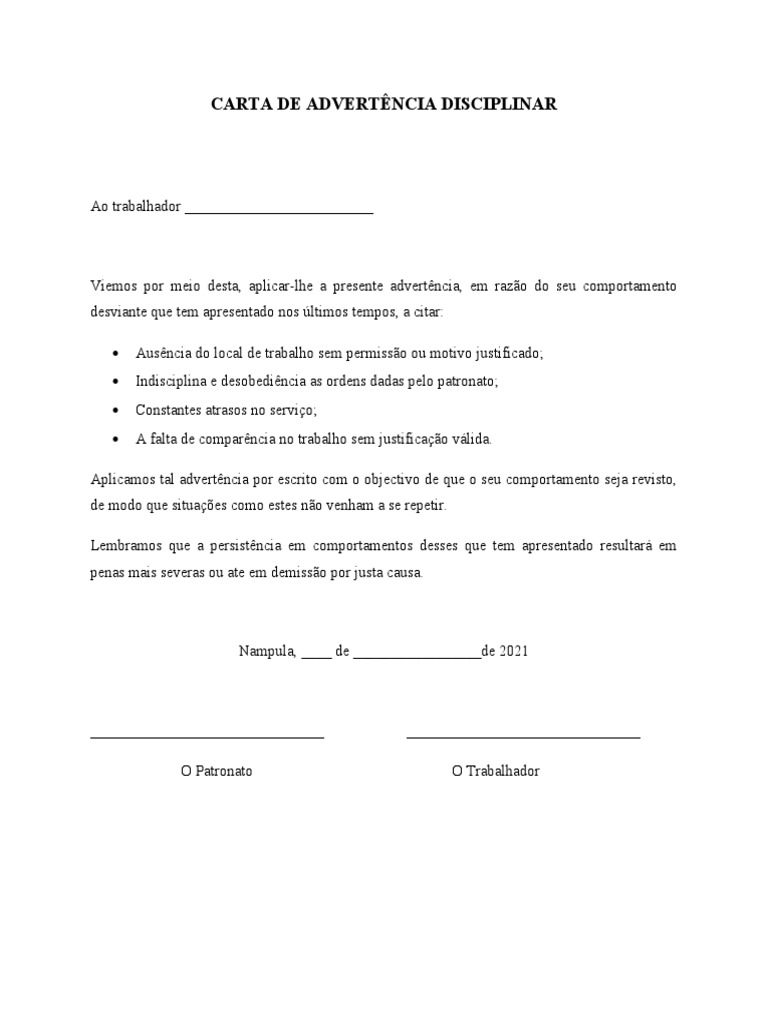 Carta de Advertencia Disciplinar | PDF Carta de Advertencia Disciplinar | PDF