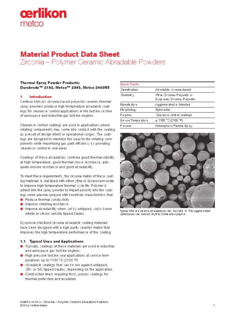 Material Product Data Sheet Zirconia - Polymer Ceramic Abradable ...