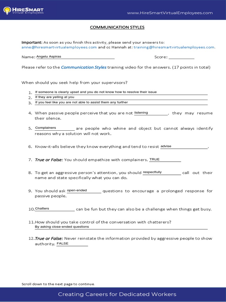 Communication Styles: Important: As Soon As You Finish This Activity ...