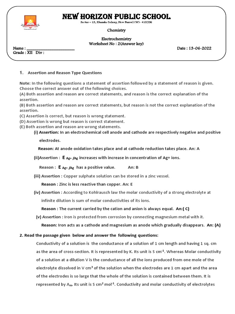 Electrochemistry Answer Key | PDF | Electrochemistry | Anode