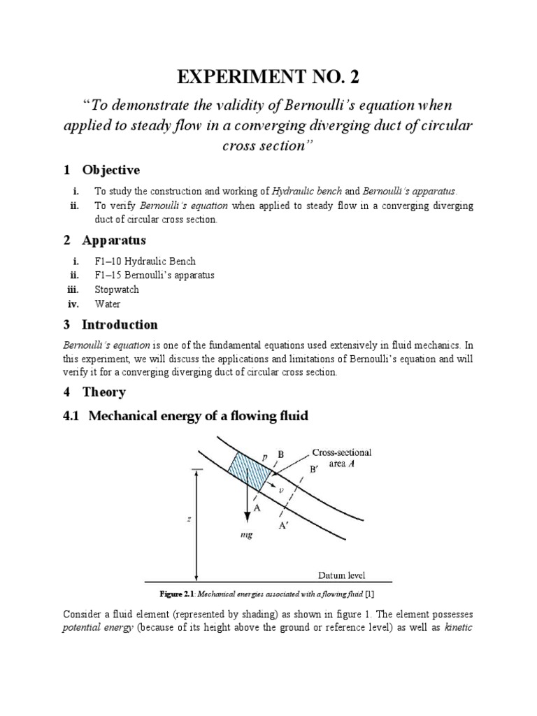 Experiment No. 2: "To Demonstrate The Validity of Bernoulli's Equation ...