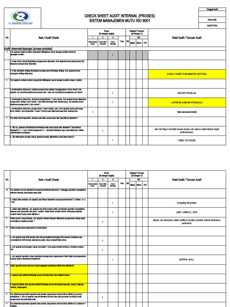 Checksheet Internal Audit Injection | PDF