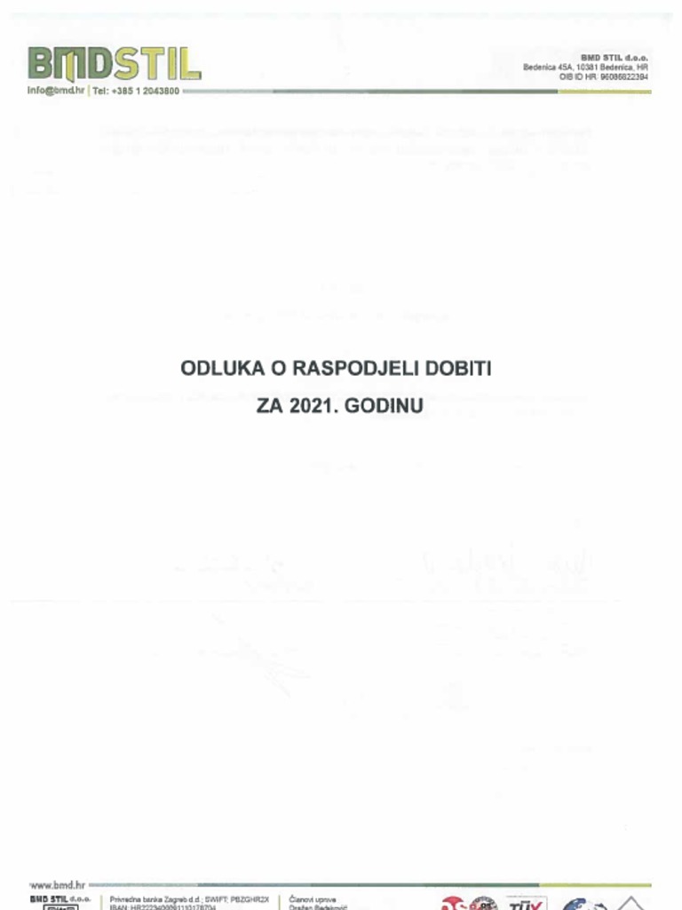 Odluka o Raspodjeli Dobiti Ili Pokricu Gubitaka 2021 MB00748773 | PDF