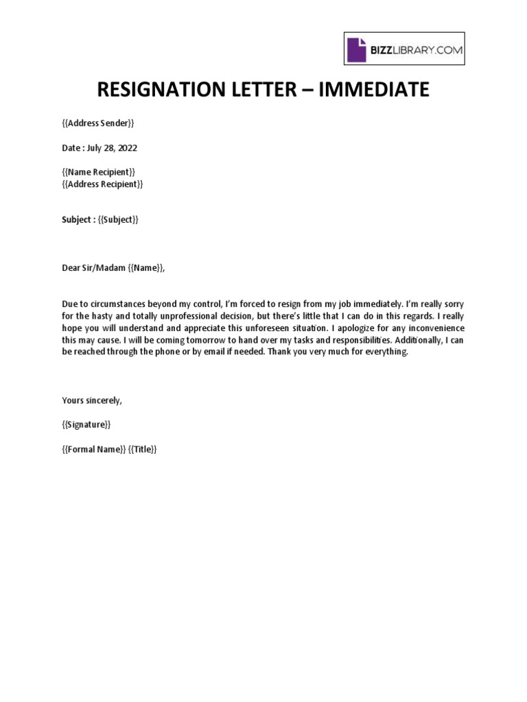 Resignation Letter Immediate | PDF