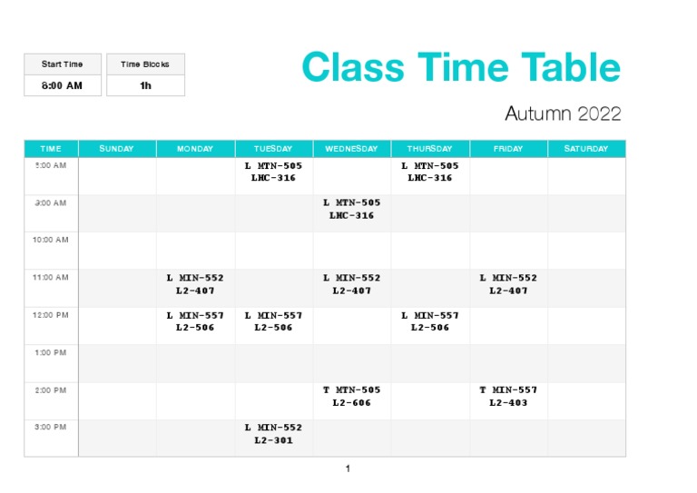 Class Time Table: Autumn 2022 | PDF