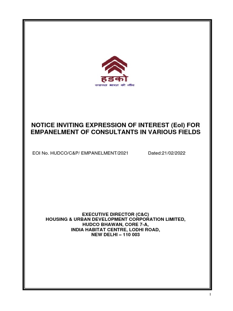 Notice Inviting Expression of Interest (Eoi) For Empanelment of Consultants in Various Fields ...