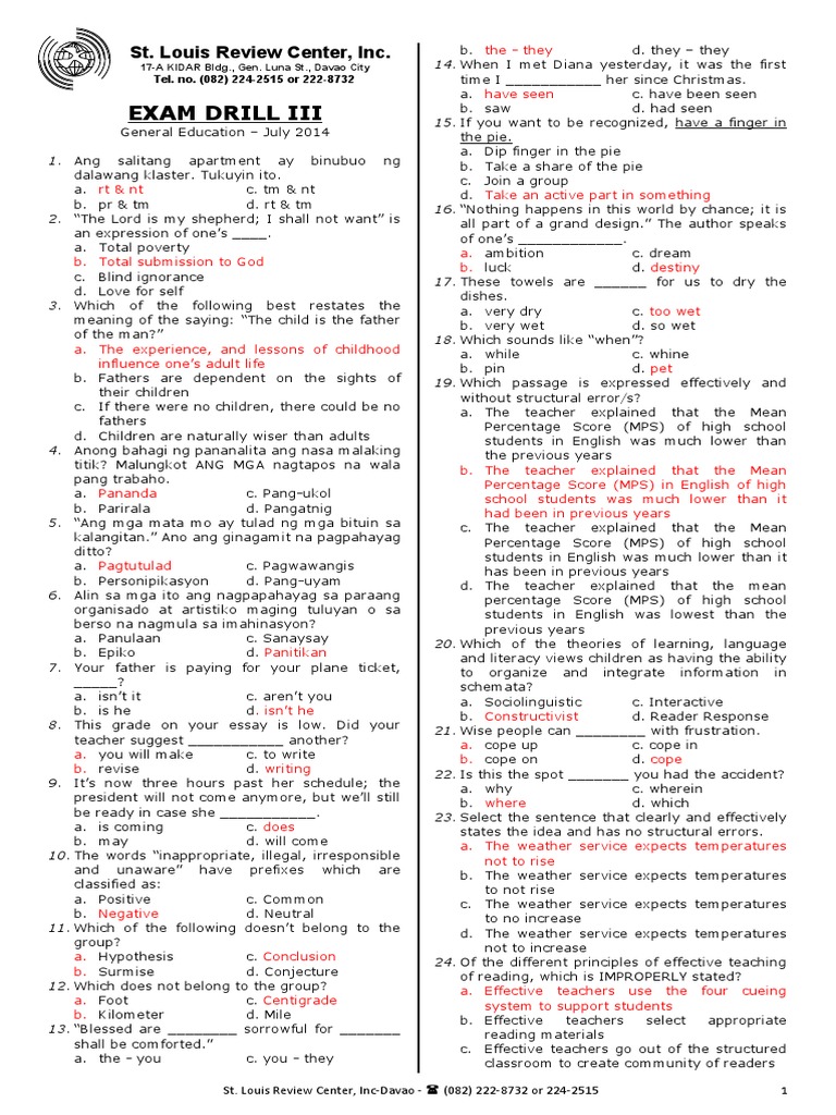 Exam Drill 3 - July 2014 - Gen Ed - Answer Key | PDF | Atoms | Chemical Reactions