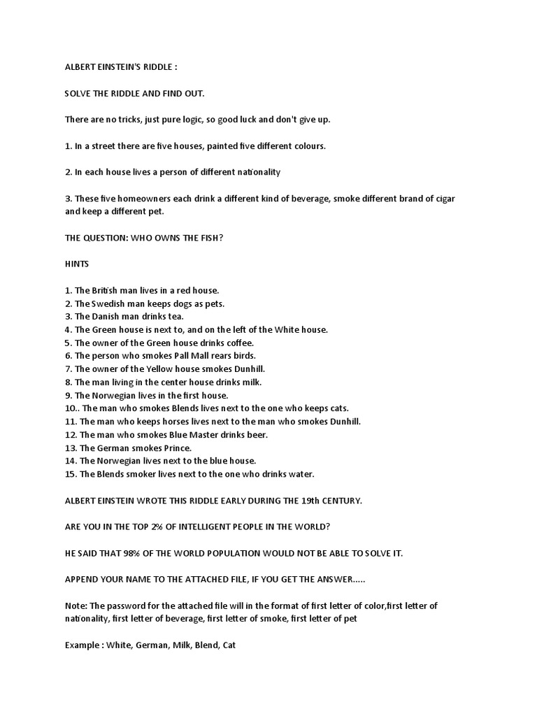 Albert Einstein Riddle | PDF | Travel | Mystery, Thriller & Crime Fiction