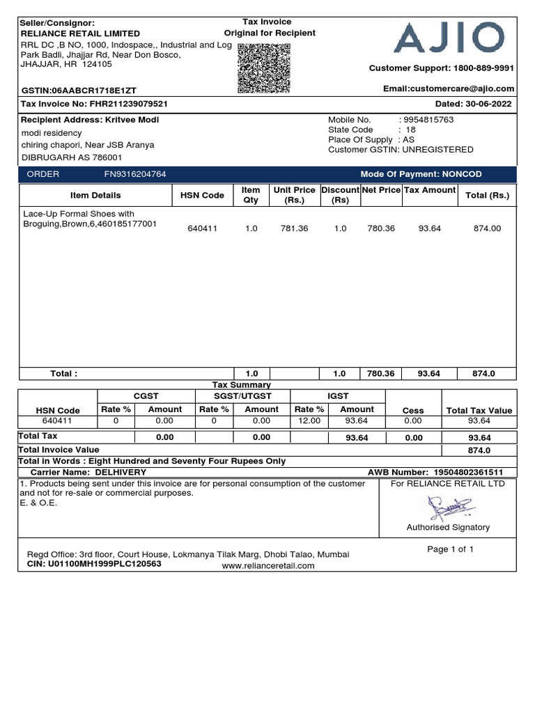 Tax Invoice for Formal Shoes Purchase | PDF | Invoice | Taxes