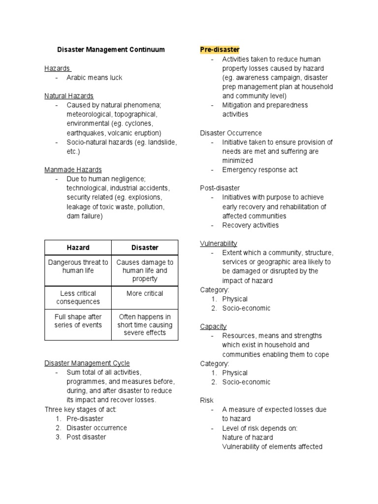 Disaster Management Continuum Pre-Disaster | PDF | Hazards | Emergency ...